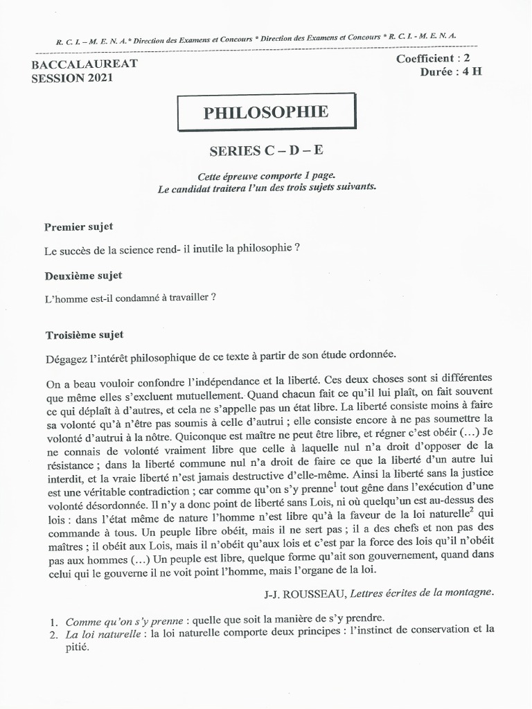 Epreuve Bac 2021 Philosophie Series C D e Cote D'ivoire | PDF