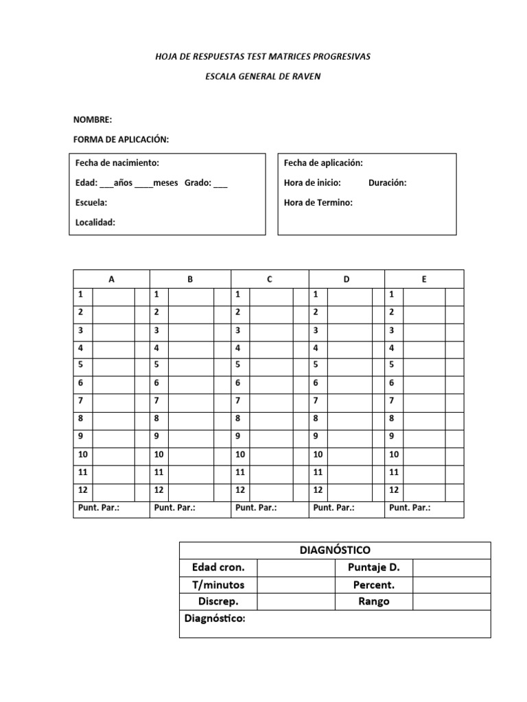 Hoja de Respuestas Test Matrices Progresivas | PDF