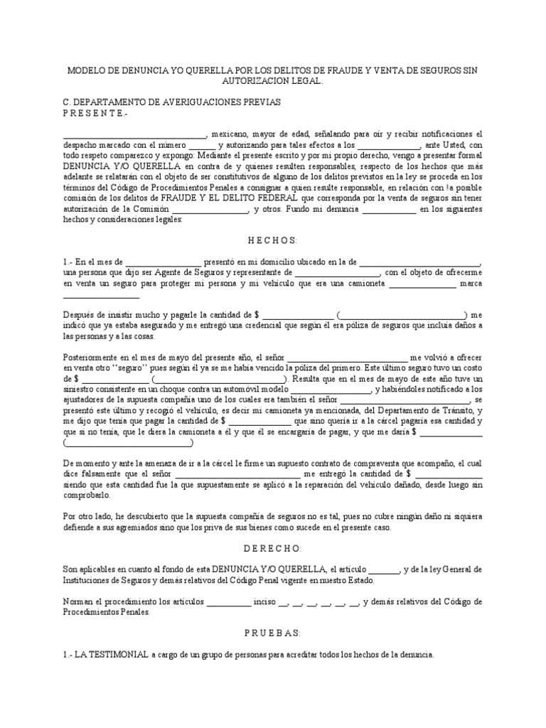 Modelo de Denuncia Yo Querella Por Los Delitos de Fraude y Venta de Seguros Sin Autorizacion ...