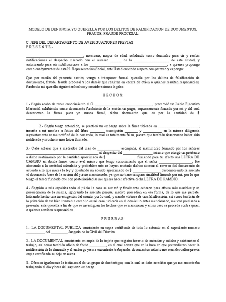 Modelo de Denuncia Yo Querella Por Los Delitos de Falsificacion de Documentos | Descargar gratis ...