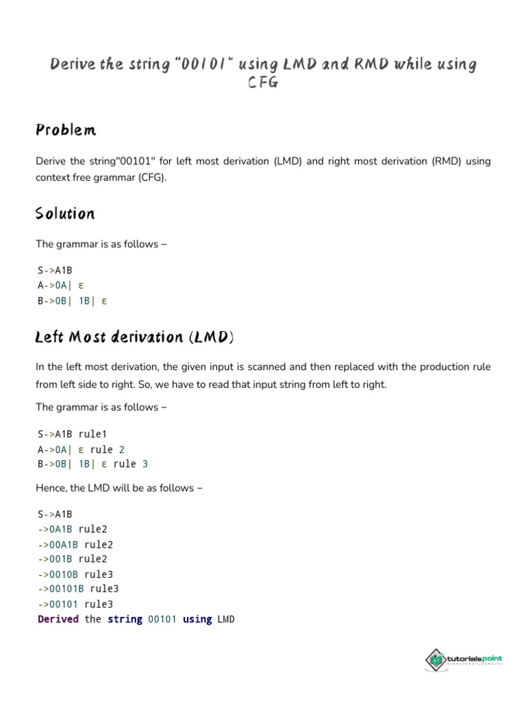 Derive The String 00101 Using LMD and RMD While Using CFG | PDF Derive The String 00101 Using LMD and RMD While Using CFG | PDF