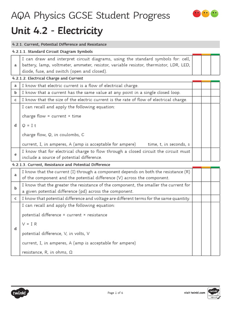AQA Physics Unit 2 Electricity Student Progress Sheet | PDF | Electric Power | Electrical ...