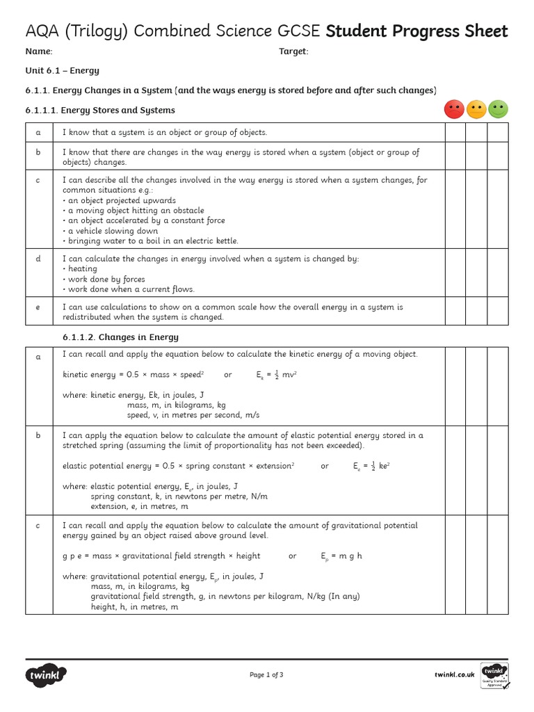 AQA Physics Unit 1 Energy Student Progress Sheet | PDF | World Energy ...