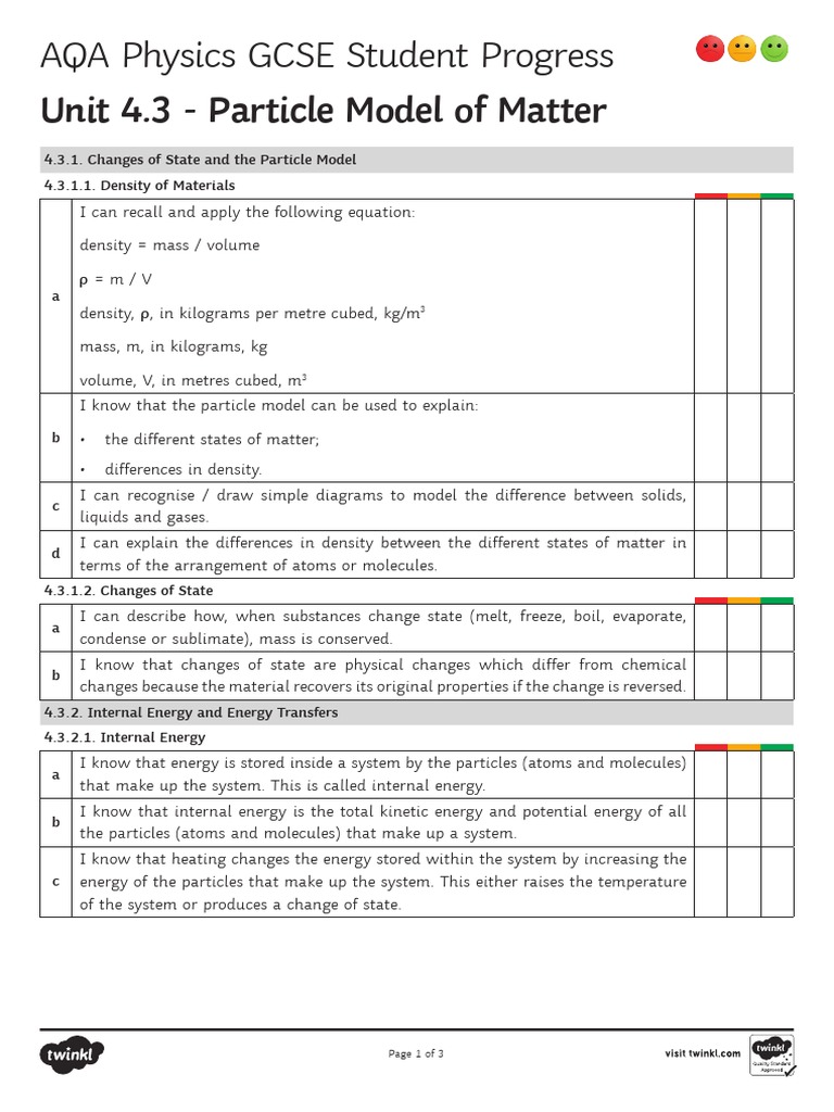 AQA Physics Unit 3 Particle Model of Matter Student Progress Sheet | PDF | Gases | Temperature