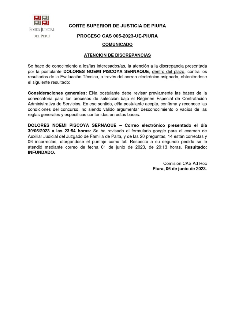 6587 - Comunicado - Atencion de Discrepancia - Cas 05-2023 | PDF