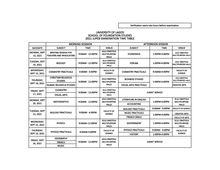 2021 JUPEB Time Table | Download Free PDF | Science