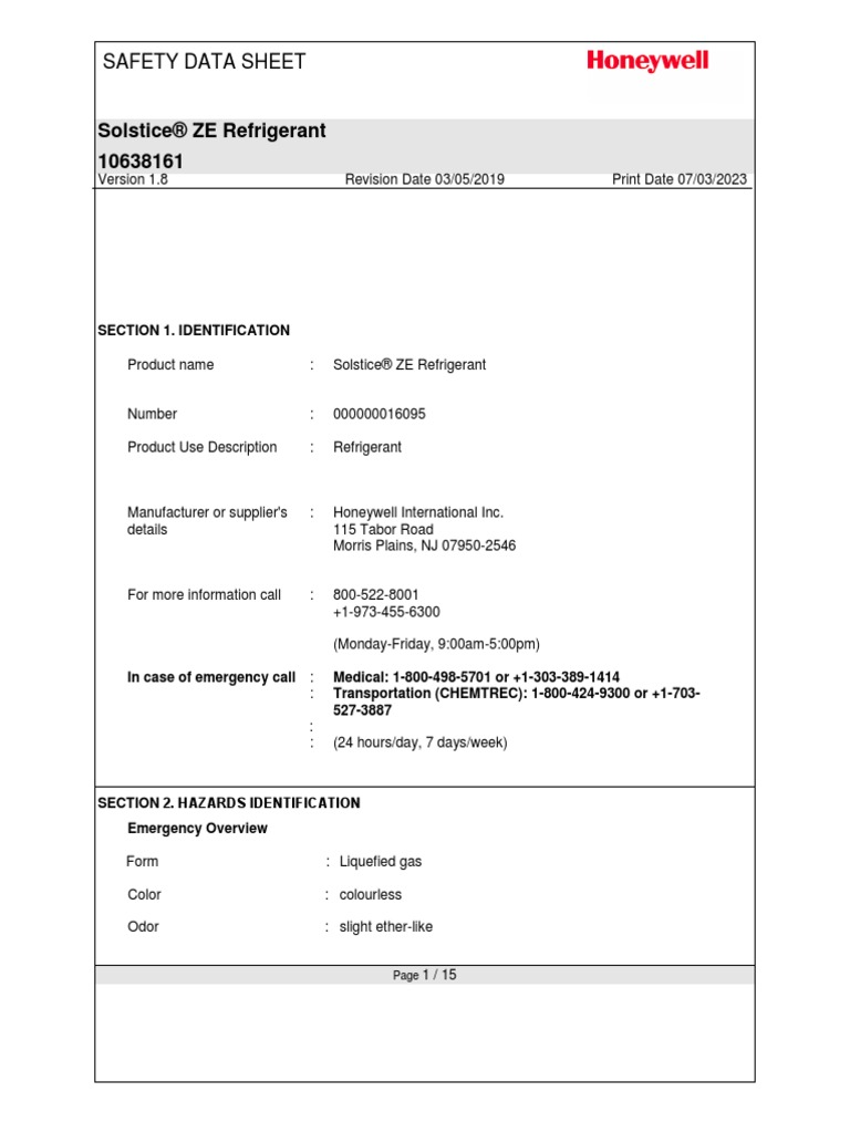 SDS R1234ze | PDF | Firefighting | Toxicity