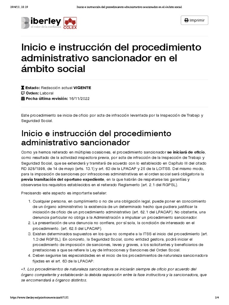 Inicio e Instrucción Del Procedimiento Administrativo Sancionador en El Ámbito Social | PDF ...