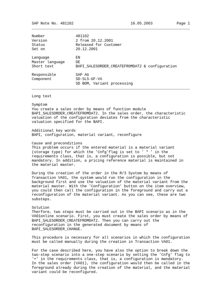 BAPI - SALESORDER - CREATEFROMDAT2 Configuration | PDF | Computer Science | Computing