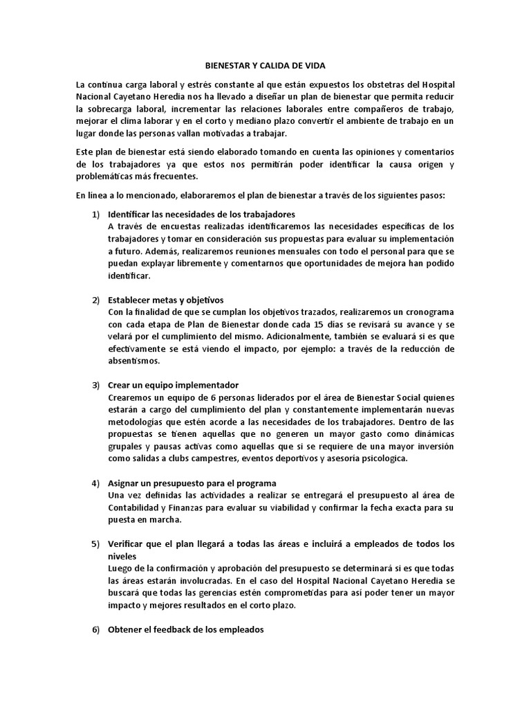Plan de Bienestar y Calidad de Vida | PDF | Presupuesto | Hospital