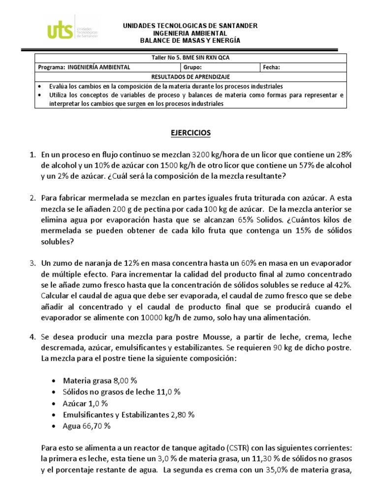 Taller No 5. BME Sin RXN Qca | PDF | Agua | Leche