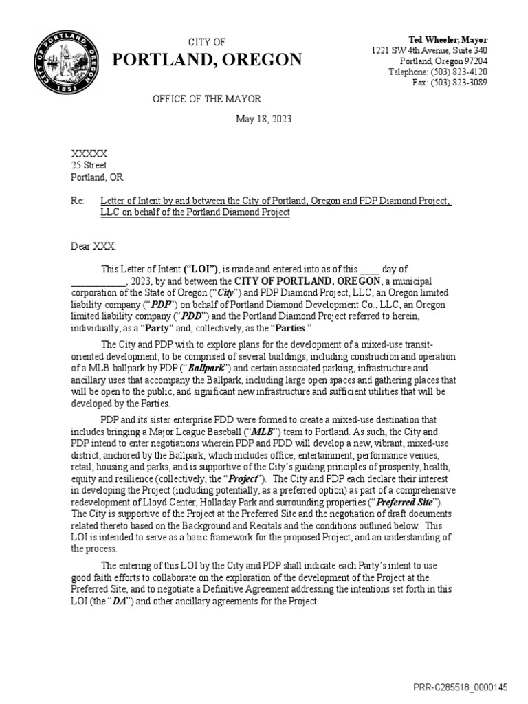 Letter of Intent by and Between The City of Portland, Oregon and PDP ...