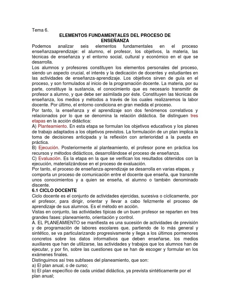 Tema N 6 Elementos Fundamentales Del Proceso de Ensenanza Didact. h1 | PDF | Enseñando ...