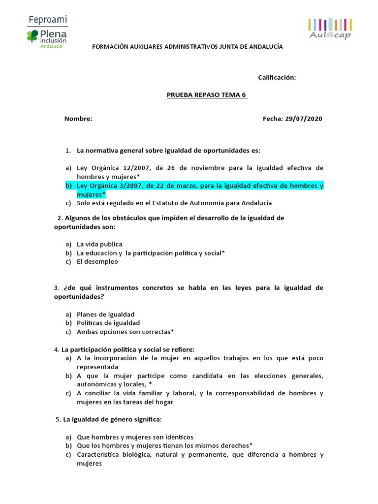 Prueba Repaso Tema 6 | PDF | Sexismo | Igualdad de género
