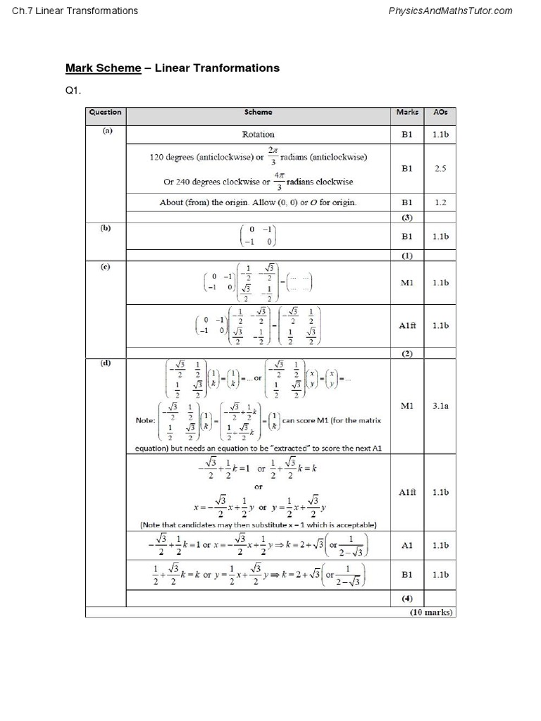 Mark Scheme - Linear Tranformations | PDF