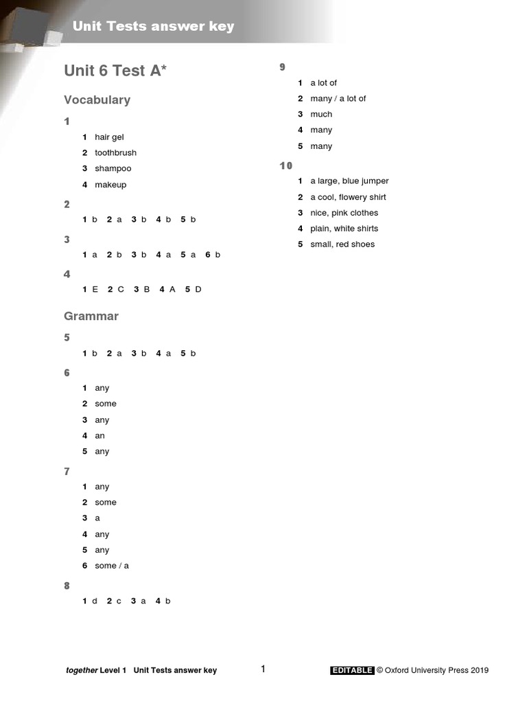 Together Level 1 Unit Tests Answer Key | PDF | Hygiene | Softlines (Retail)