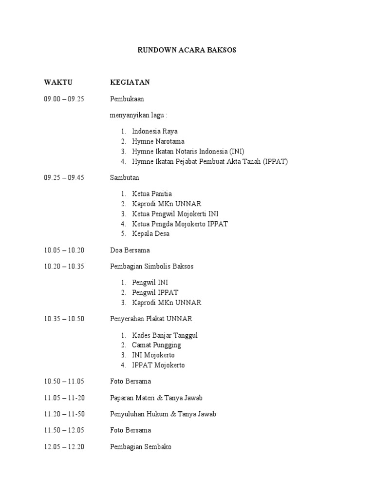 RUNDOWN ACARA BAKSOS | PDF