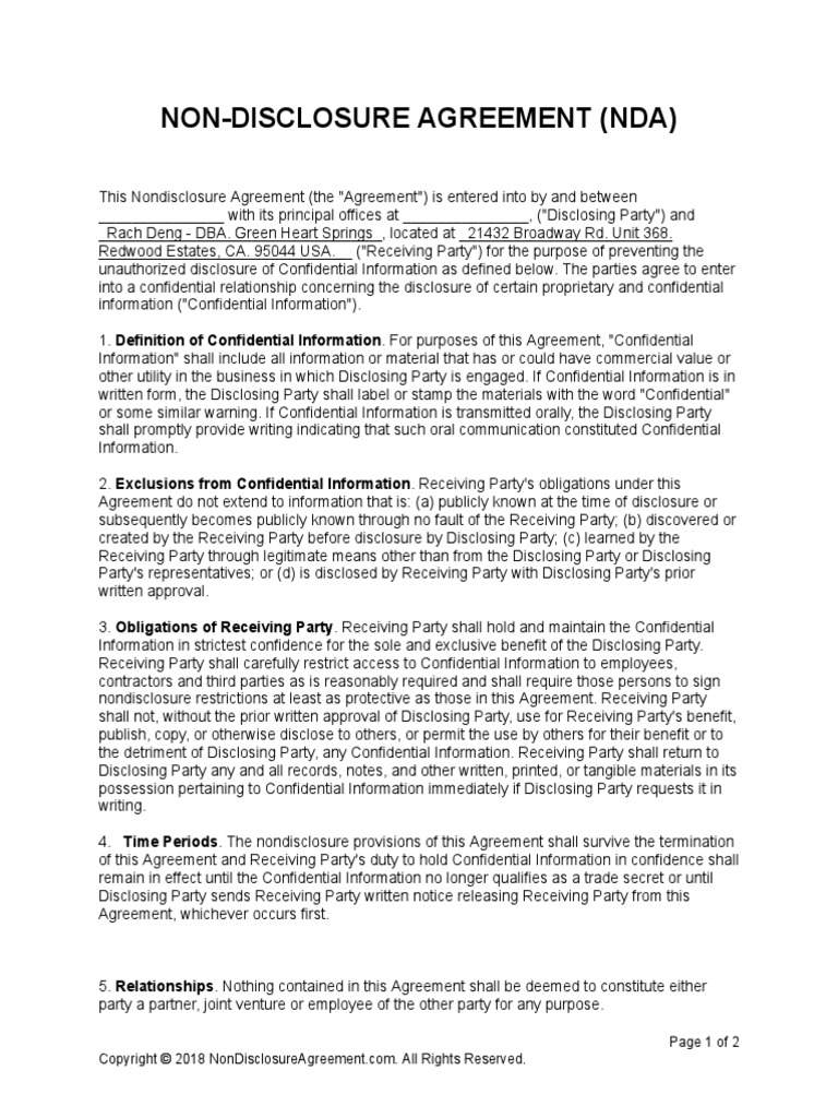 NDA Form Basic Non Disclosure Agreement | PDF | Non Disclosure ...
