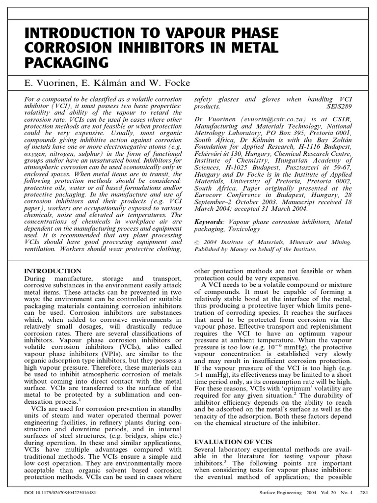 Introduction To Vapour Phase Corrosion Inhibitors in Metal Packaging ... Introduction To Vapour Phase Corrosion Inhibitors in Metal Packaging ...