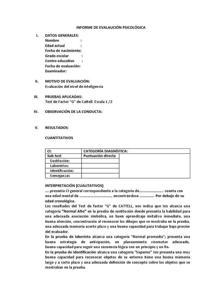 INFORME EVALUACIÓN PSICOLÓGICA- Modelo | PDF | Cociente de inteligencia | Inteligencia