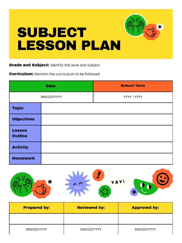 Subject Lesson Plan Doc in Yellow Green Pastel Purple Colorful Style | PDF