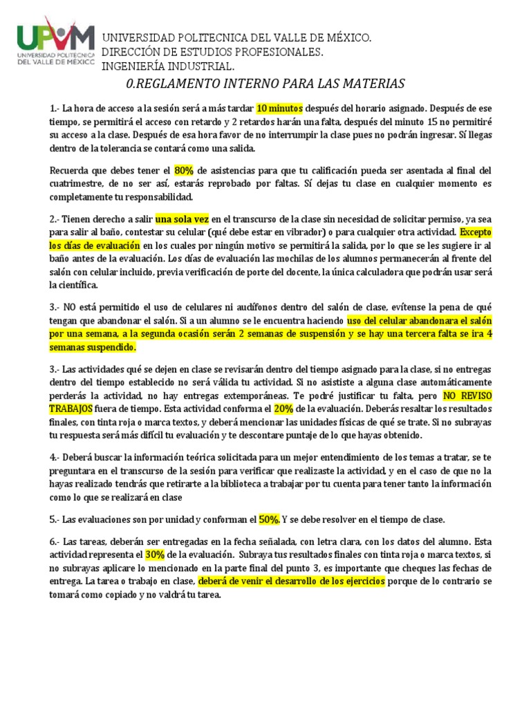 Reglamento Interno UPVM Presencial | PDF