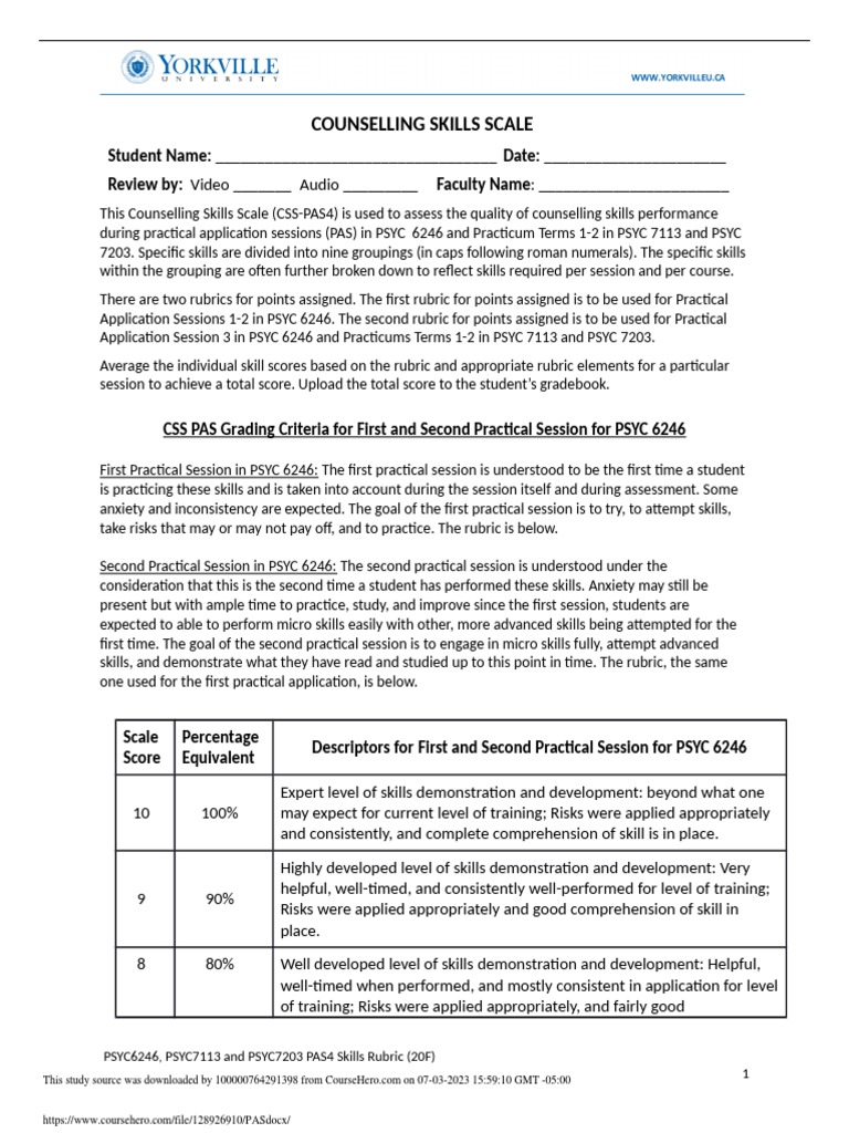 Counselling Skills Scale: PSYC6246, PSYC7113 and PSYC7203 PAS4 Skills ...