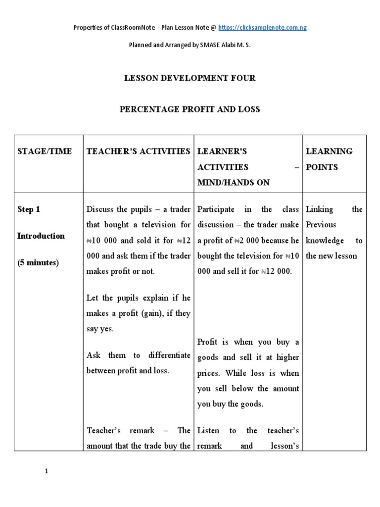 Profit and Loss Lesson Plan for Grade 5 | PDF | Prices | Learning