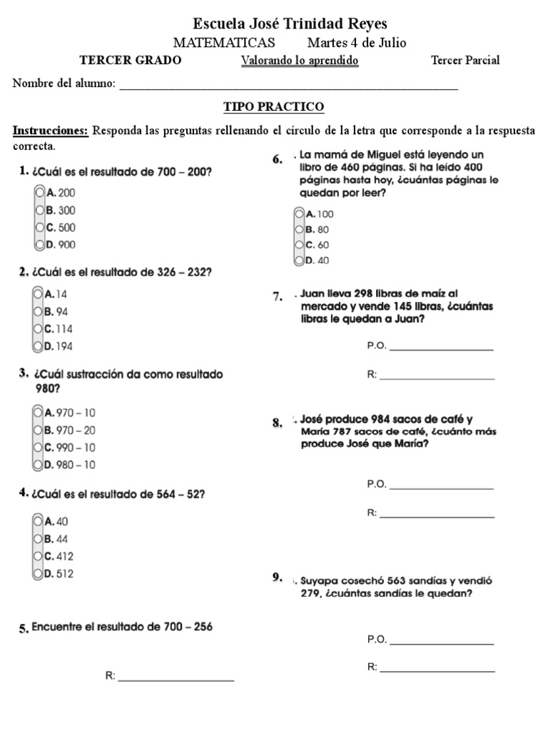 Examen de Matematicas Tercer Grado 2023 - III PARCIAL | PDF