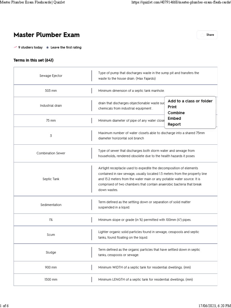 Master Plumber Exam Flash Cards | PDF | Plumbing | Septic Tank