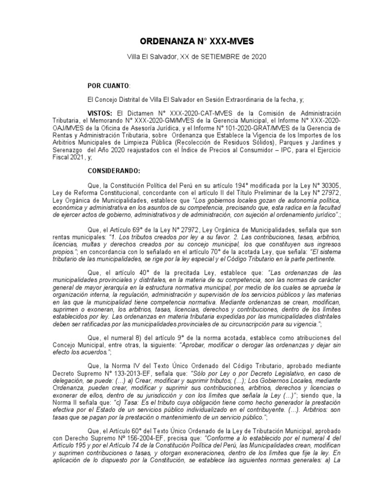 Ordenanza XXXX-Arbitrios 2021 IPC | PDF | Gobierno