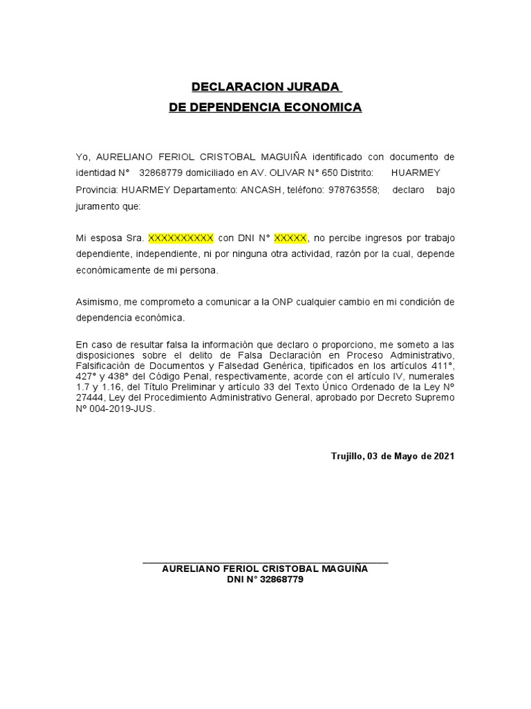 Declaracion Jurada Dependencia Economica | PDF