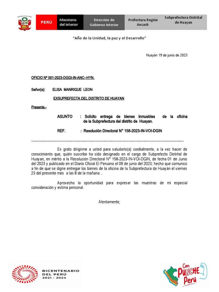 Oficio Multiple #001-2023-Comunico Asuncion de Cargo | PDF | Perú