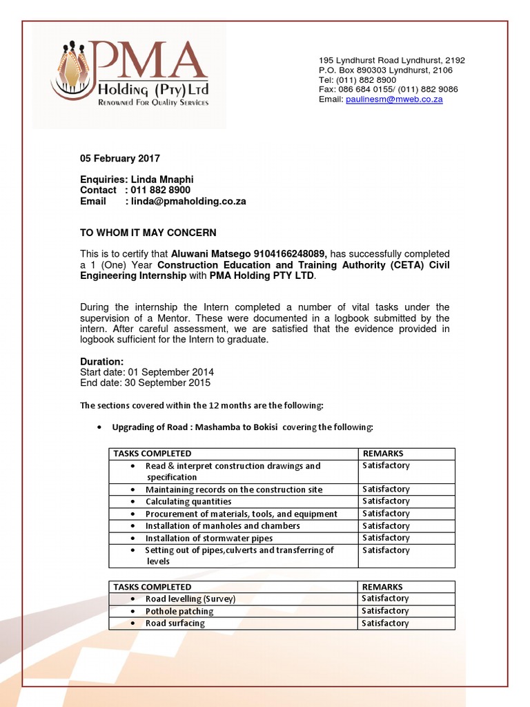 Internship Testimonial Aluwani | Download Free PDF | Concrete ...