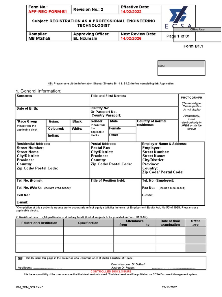 APP-REG-FORM-B1 Registration As A Professional Engineering Technologist ...