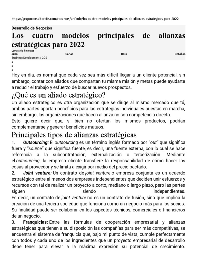 Cuatro Modelos Alianzas Estratégicas | PDF | Outsourcing | Proyecto conjunto