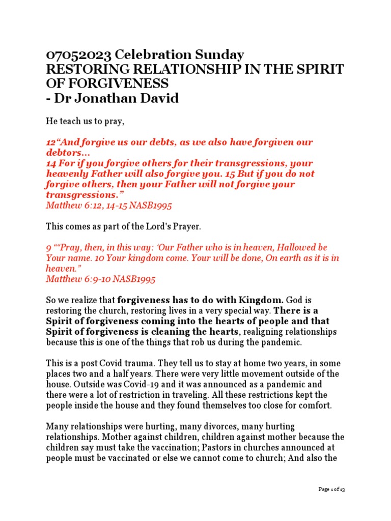 Celebration Sunday RESTORING RELATIONSHIP IN THE SPIRIT OF FORGIVENESS ...