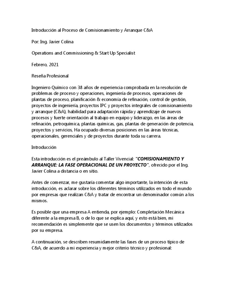 Introducción Al Proceso de Comisionamiento y Arranque C | PDF | Diseño | Ingeniería