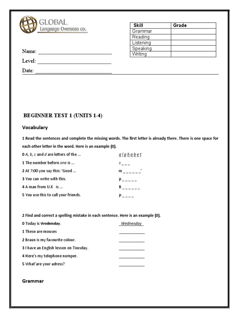 Beginner Test 1 | PDF | Linguistics | Human Communication