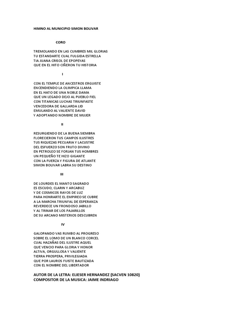 Himno Al Municipio Simon Bolivar | PDF