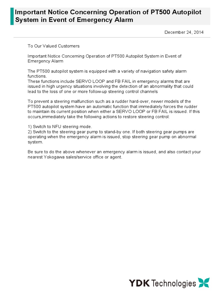 Important Notice Concerning Operation of PT500 Autopilot System in ...