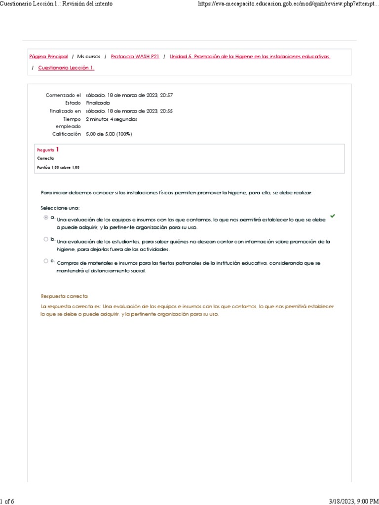 Cuestionario Lección 1. Revisión Del Intento | PDF | Lavado de manos | Cuestionario