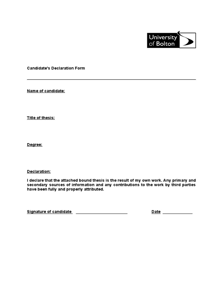 Candidates Declaration Form for MBA Dissertation Thesis | PDF
