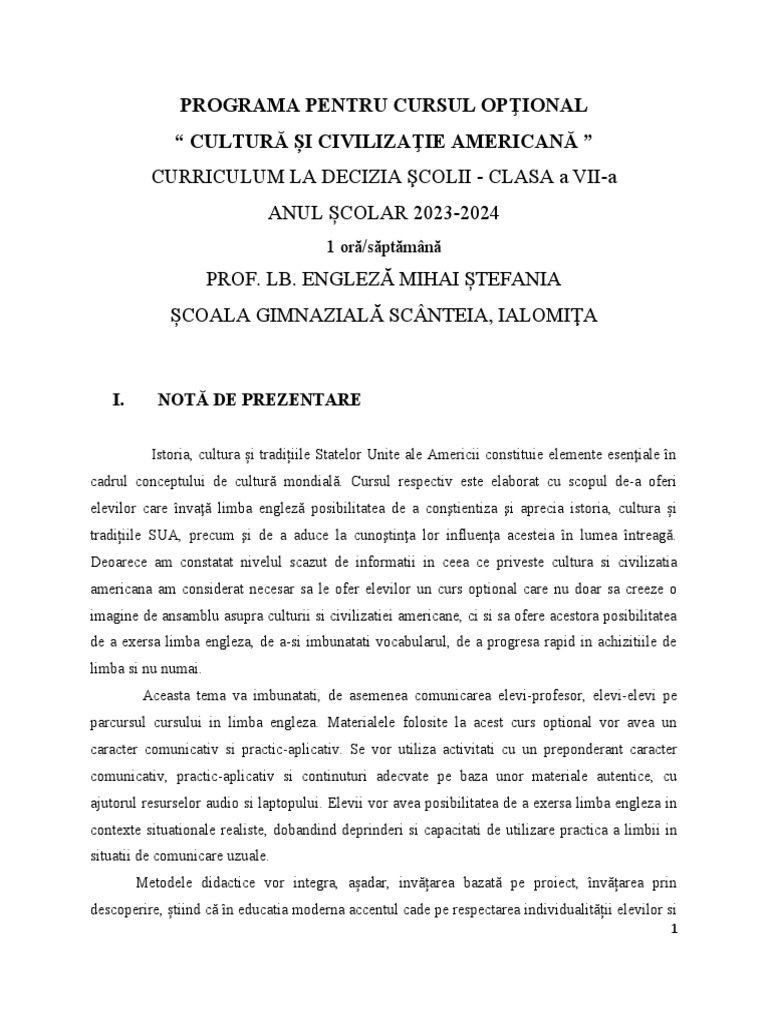 Programa Optional Engleza VII-a Cultura & Civilizatie SUA | PDF