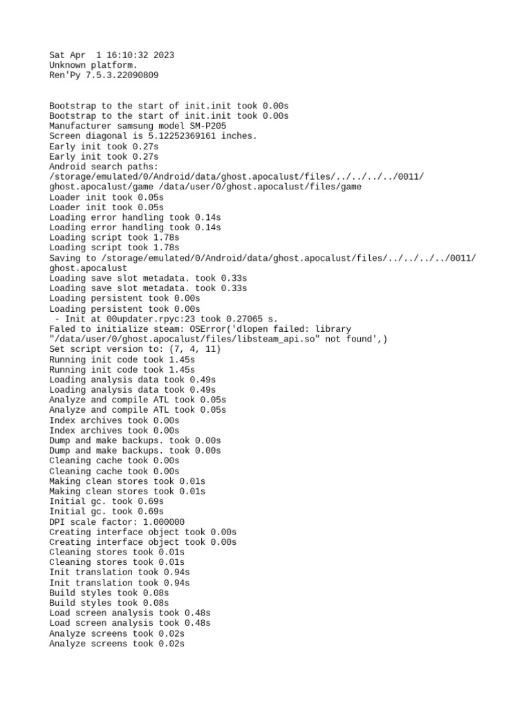 Ren'Py Init Log for Samsung SM-P205 | PDF