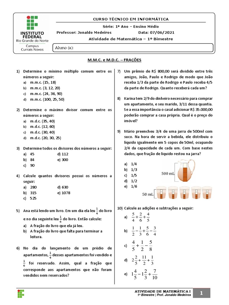 1a Lista - MMC e MDC - Fracoes | PDF | Aritmética | Matemática
