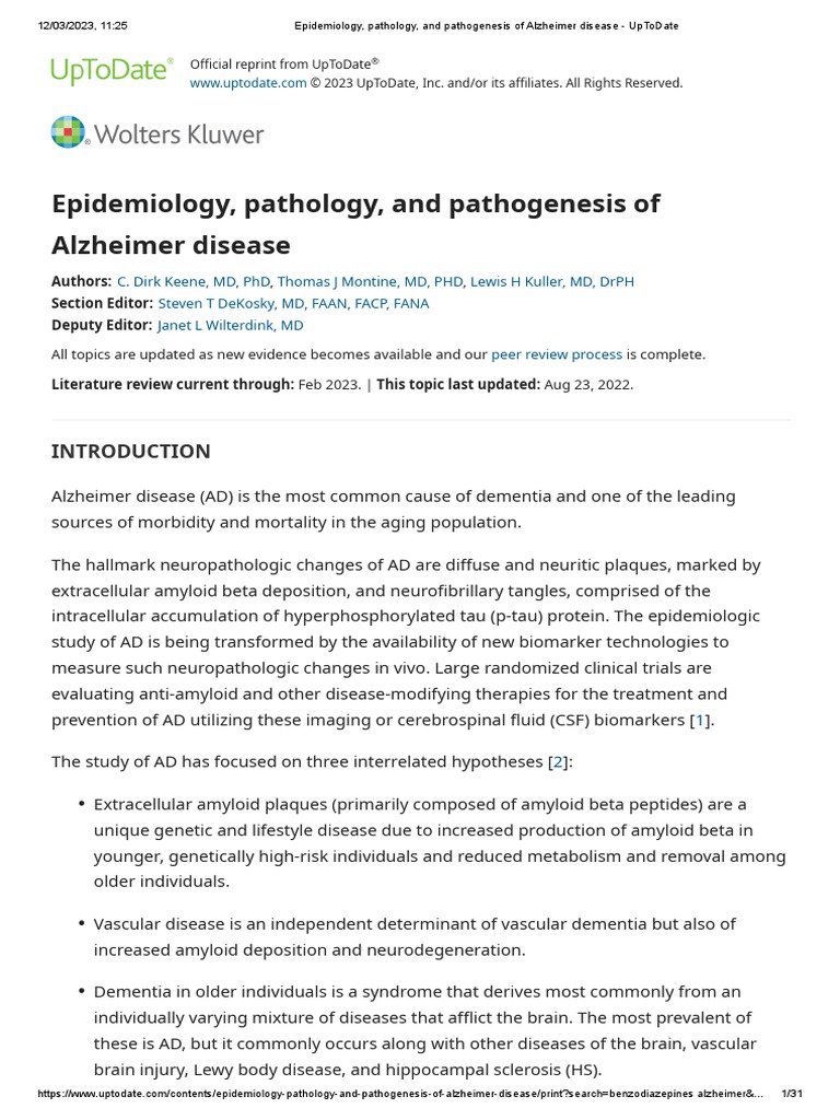Epidemiology, pathology, and pathogenesis of Alzheimer disease ...