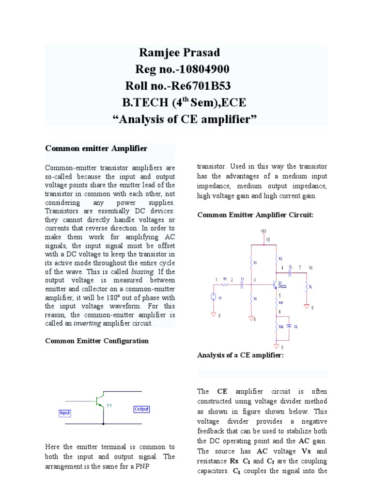 Analysis of CE Amplifier | PDF | Amplifier | Electronic Circuits