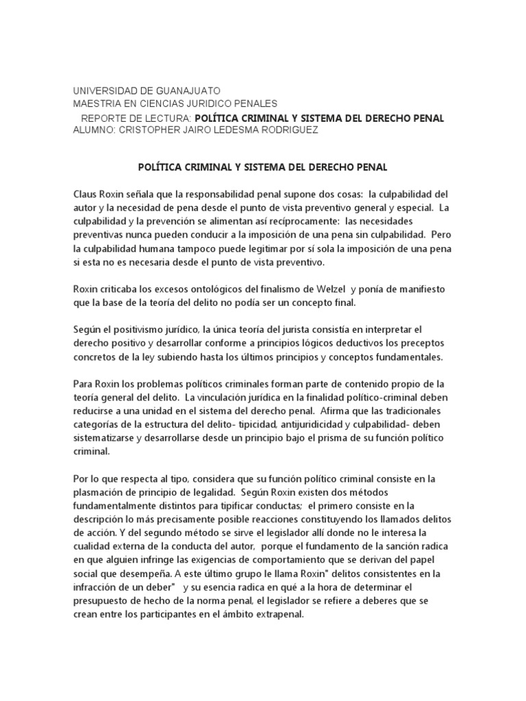 claus roxin | PDF | Derecho penal | Intención (Derecho Penal)