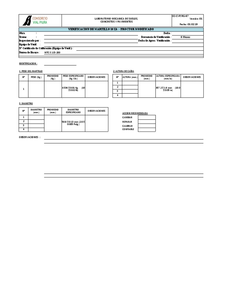 CC - cvp-RG-67 Verificación Martillo 10 Lb. Proctor Modificado | PDF